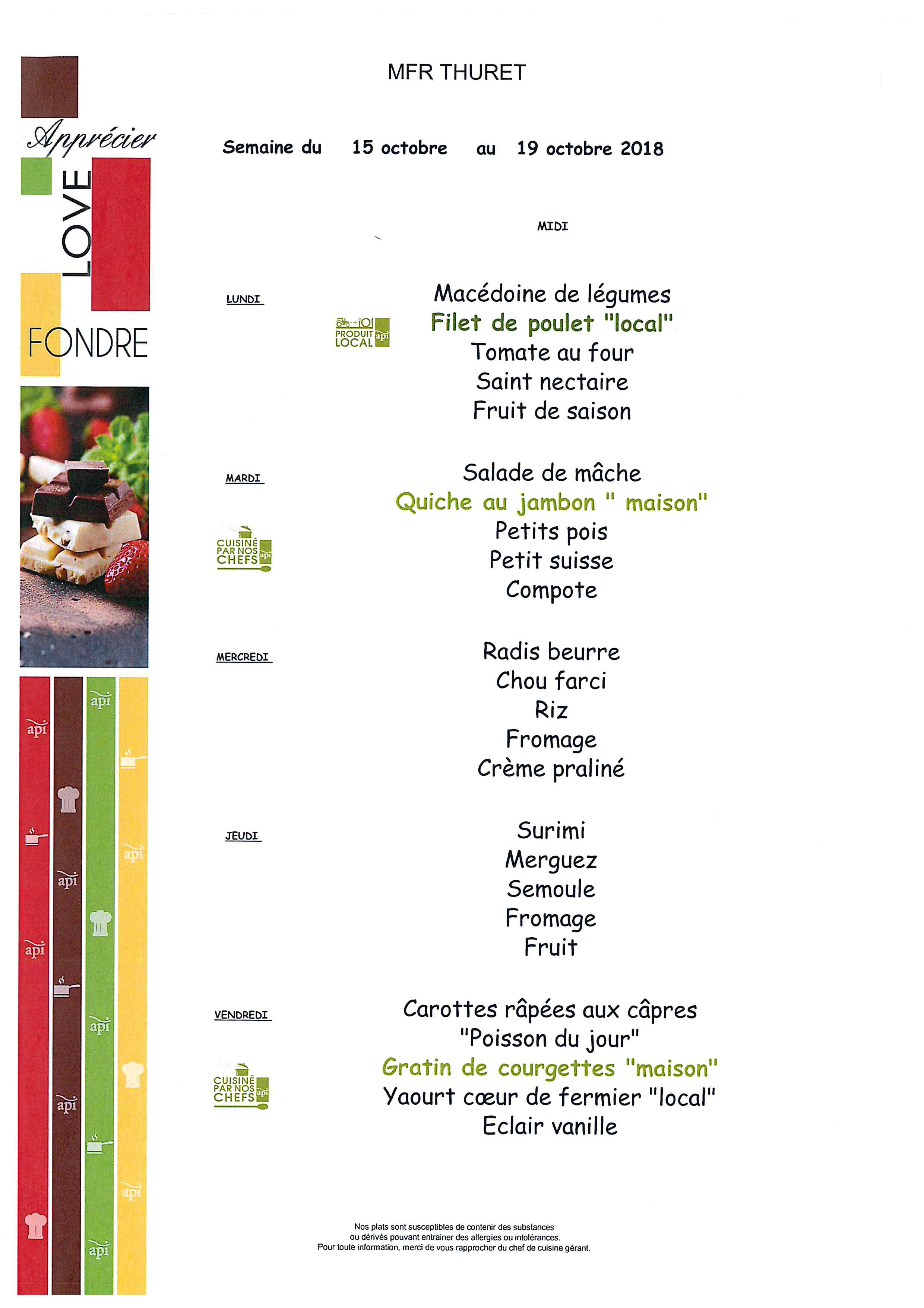 Restauration scolaire – Menus du lundi 15 au vendredi 19 octobre – Thuret Restauration scolaire – Menus du lundi 15 au vendredi 19 octobre – Thuret