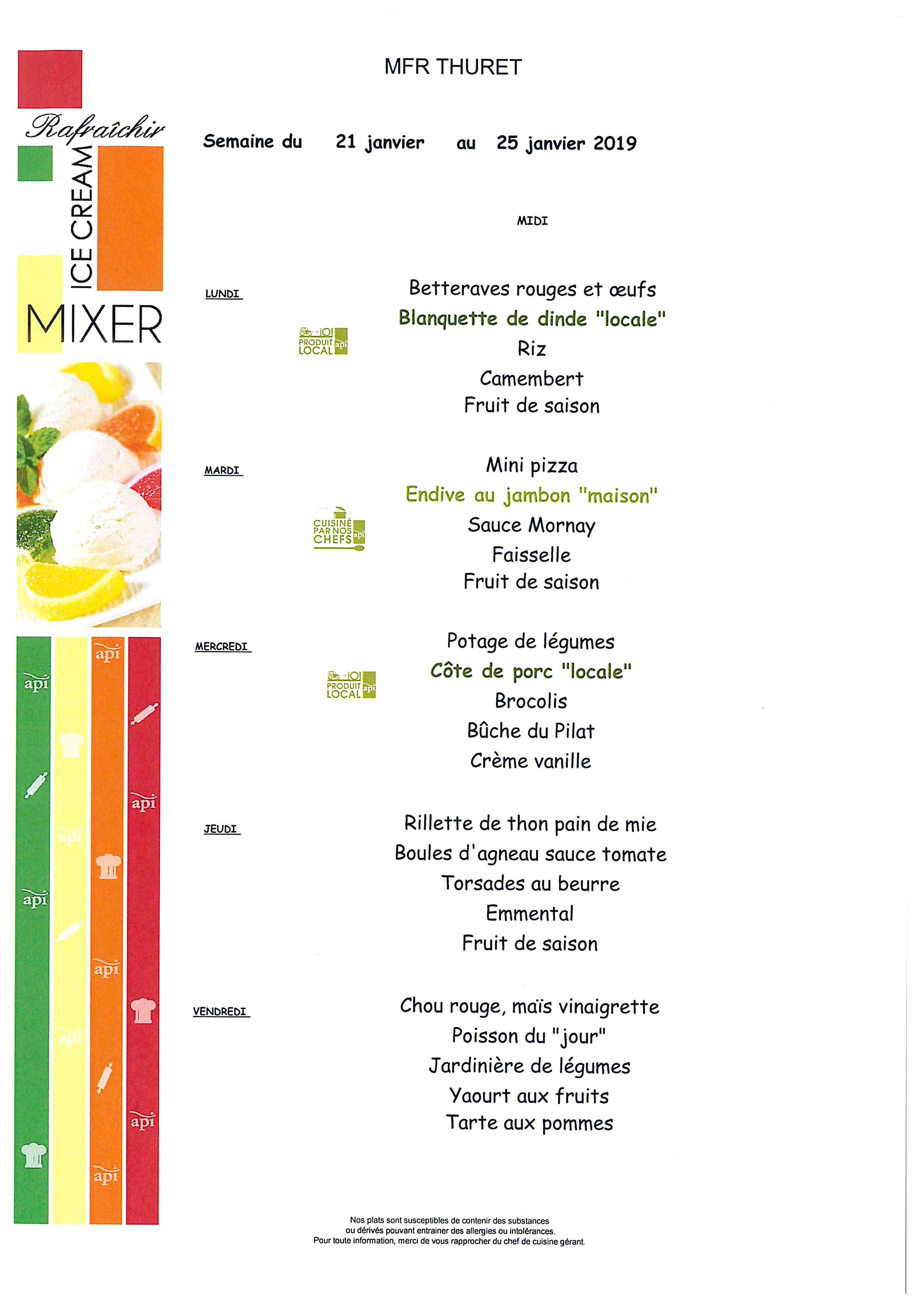 Restauration scolaire – Menus du lundi 21 au vendredi 25 janvier – Thuret Restauration scolaire – Menus du lundi 21 au vendredi 25 janvier – Thuret