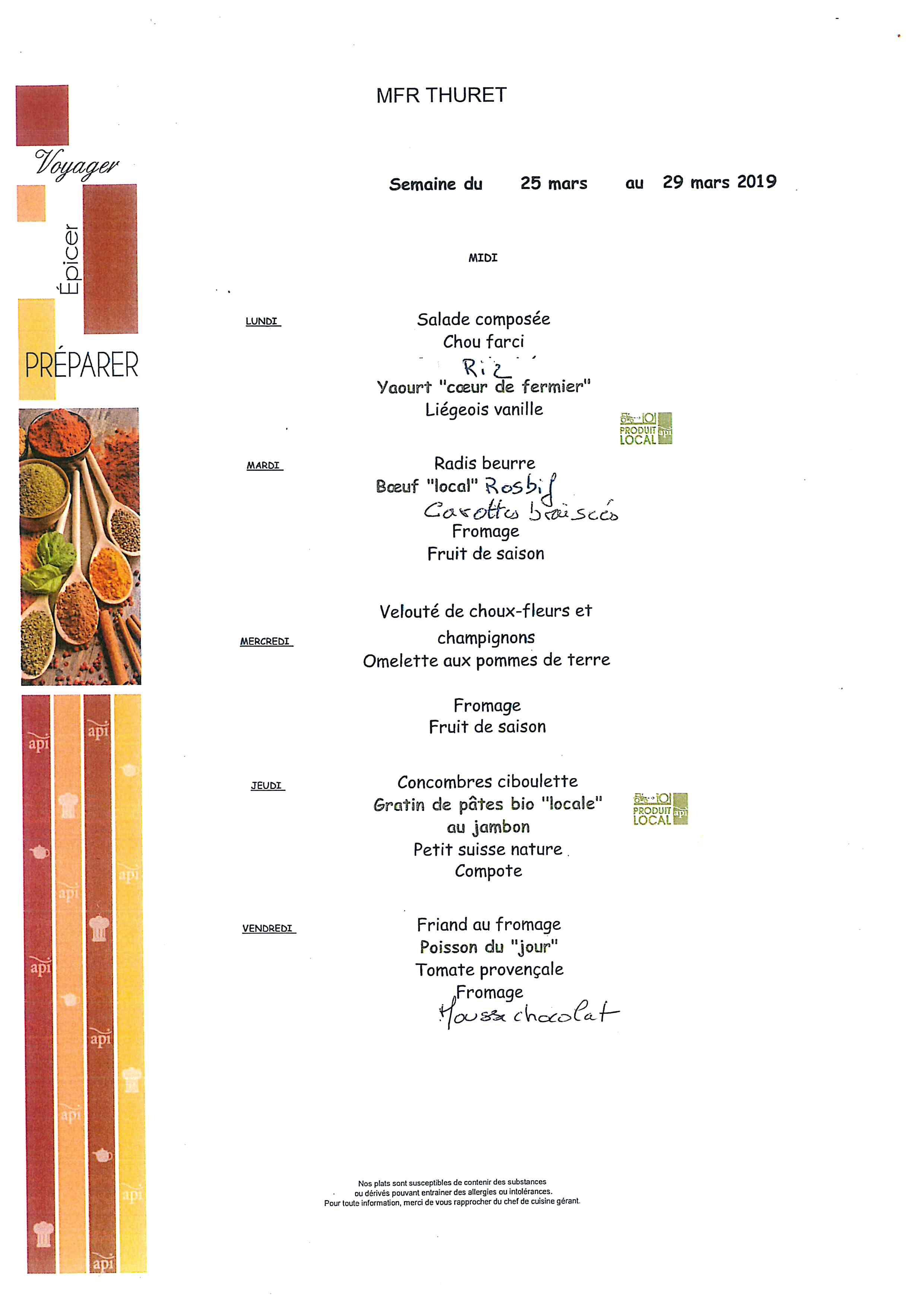 Restauration scolaire – Menus du lundi 25 au vendredi 29 mars – Thuret Restauration scolaire – Menus du lundi 25 au vendredi 29 mars – Thuret